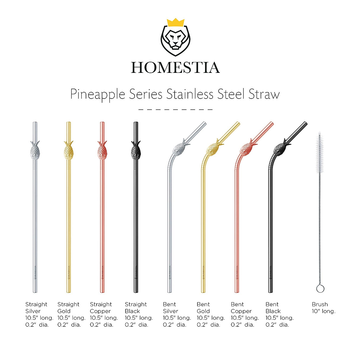 Homestia Reusable Metal Straws with Pineapple Top 10.5" Stainless Steel Straws-8Pcs Drinking Straws for 20 & 30 oz Tumbler-4 Straight+4 Bent+2 Cleaning Brushes+1 Pouch