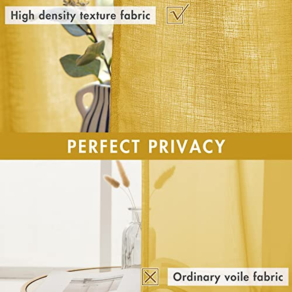 MIULEE Gold Faux Linen Textured Semi Sheer Curtains 2 Panels for Living Room Bedroom Light Filtering Thick Linen Privacy Window Curtains Golden Mustard Yellow Grommet Voile Drapes W 52 x L 72 inches