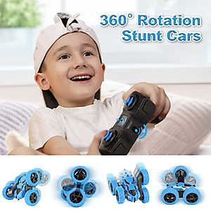 Remote Control Car Stunt RC Cars, 90 Min Playtime, 2.4Ghz Double Sided 360° Rotating RC Crawler with Headlights, 4WD Off Road Drift RC Race Car Toy for Boys and Girls Aged 6-12 Blue