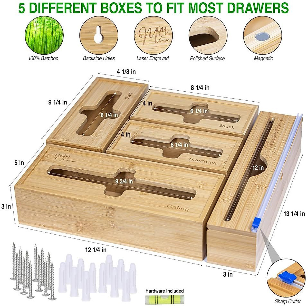 Bamboo Food Bag Storage Organizer for Kitchen Drawer, Plastic Bag Organizer with Individual Boxes and Plastic Wrap Cutter - for Sandwich, Slider, Quart, Slider Quart, Gallon, Plastic Wrap, Foil