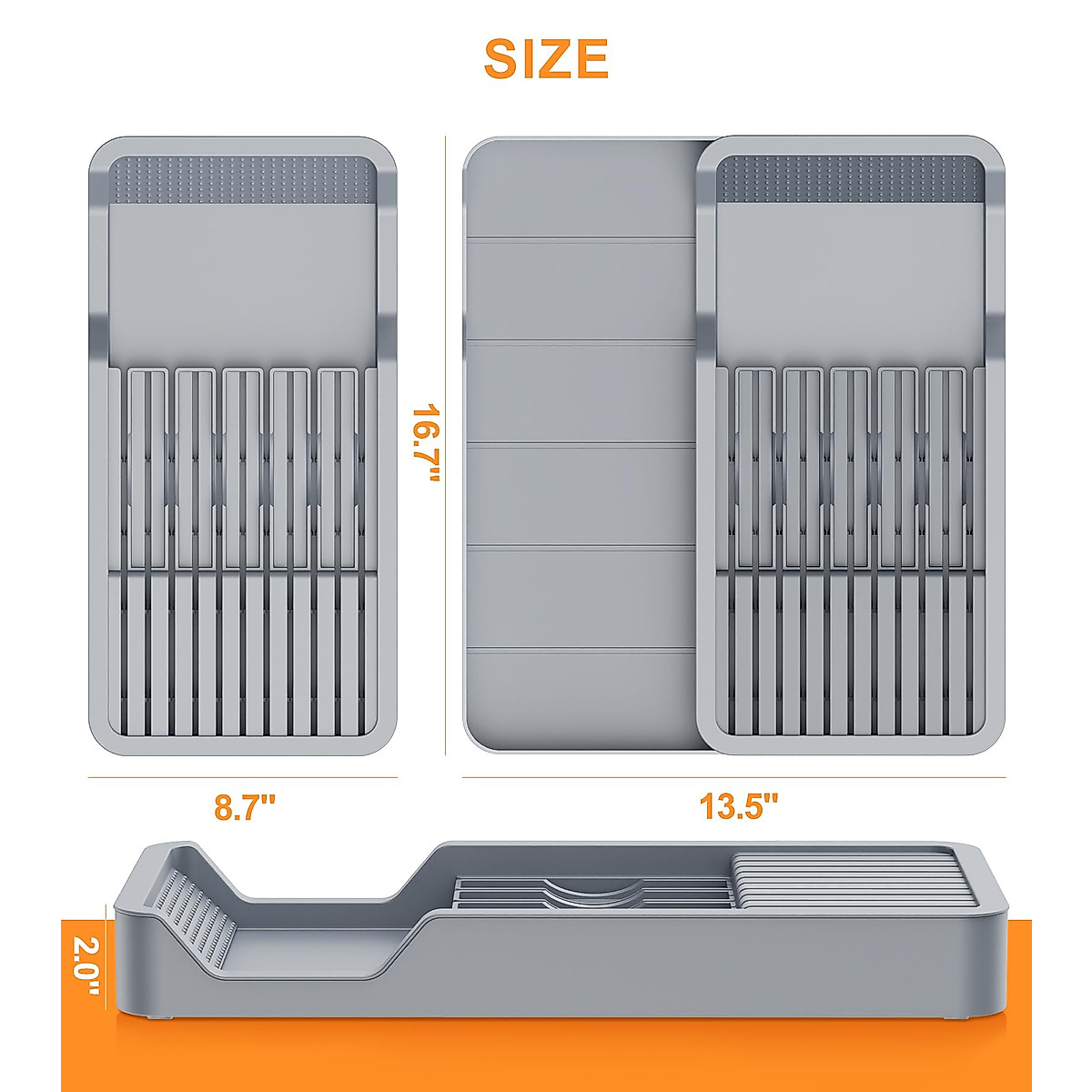 RISHTEN Kitchen Knife Drawer Organizer Grey, In Drawer Knife Block Holder with Expandable Cutlery Tray Compact Organization Drawer Storage Holds Up To 11 Knives (Including Hooks&Sponges)