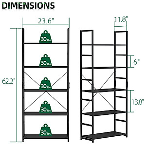 OTK 5 Tier Bookshelf, Tall Bookcase, Office Shelf Storage Organizer, Modern Book Shelf for Living Room, Bedroom, and Home Office, Black