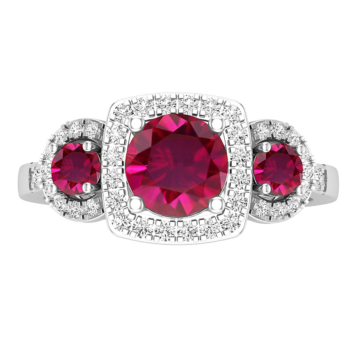 Dazzlingrock Collection Round Lab Created Ruby & Natural White Diamond Women 3 Stone Halo Style Engagement Ring, Sterling Silver, Size 8.5