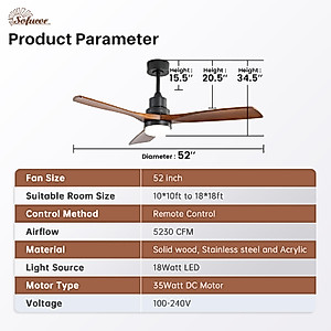 Sofucor 52 inch Solid Wood Ceiling Fan with Lights and Remote, Low Profile Brown Black Ceiling Fan with 3 Downrod, Outdoor Indoor Modern 3 Blade Ceiling Fan for Living Room Bedroom Farmhouse Patio