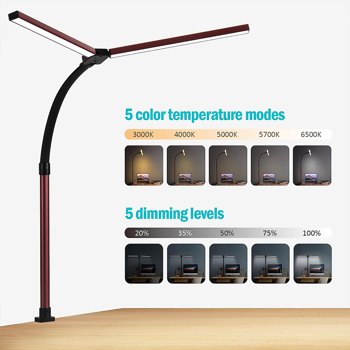 DUKTIG LED Desk Lamp for Women, Double Head Architect Desk Lamp, Bright Desk Lamps with Clamp, 5 Color Modes and Dimmable Tall Desk Lamps for Home Office, Studio (24W, Crimsonb Red)