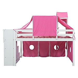 Merax Low Loft Bed Full Size with Slide and Storage Stairs, Wood Loft Bed with Tent & Tower, for Boys & Girls, Pink