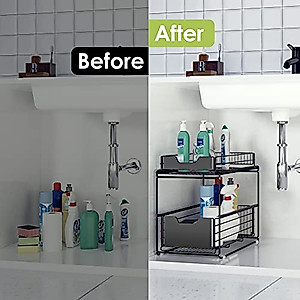 DOLALIKE Pull Out Under Sink Cabinets Organizer, Stackable 2 Tire Sliding Countertop Organizer, Under Sink Storage Drawer Shelf for Kitchen (Black)