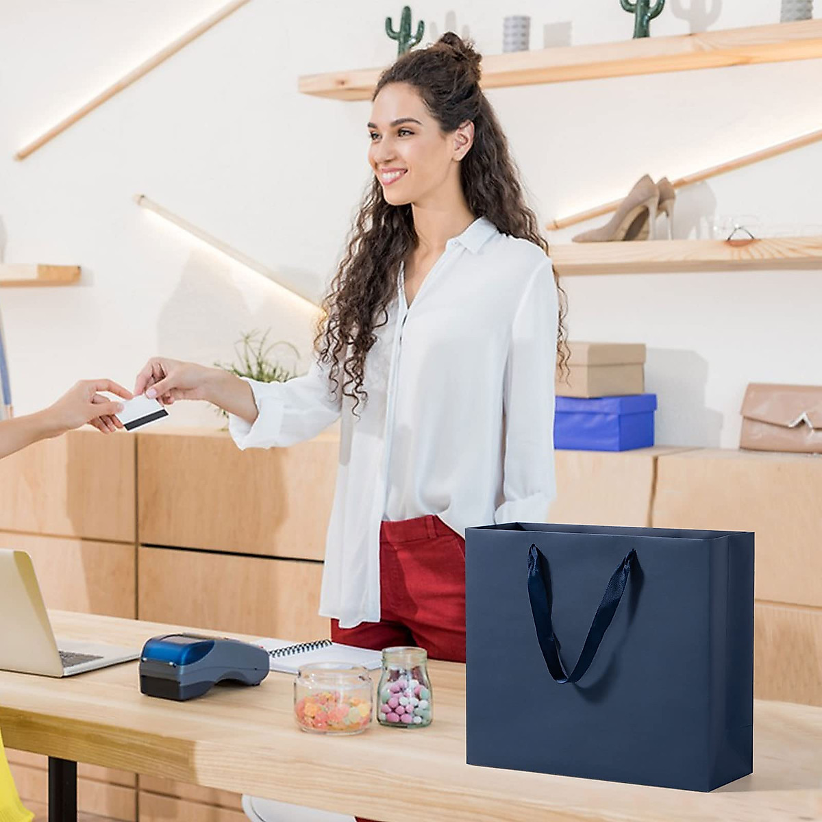 Driew Extra Large Navy Blue Gift Bag, 12 Pcs, 12.6x4.5x11 inches Kraft Paper, Ribbon Handles, Ideal for Wedding, Party, Shopping, DIY