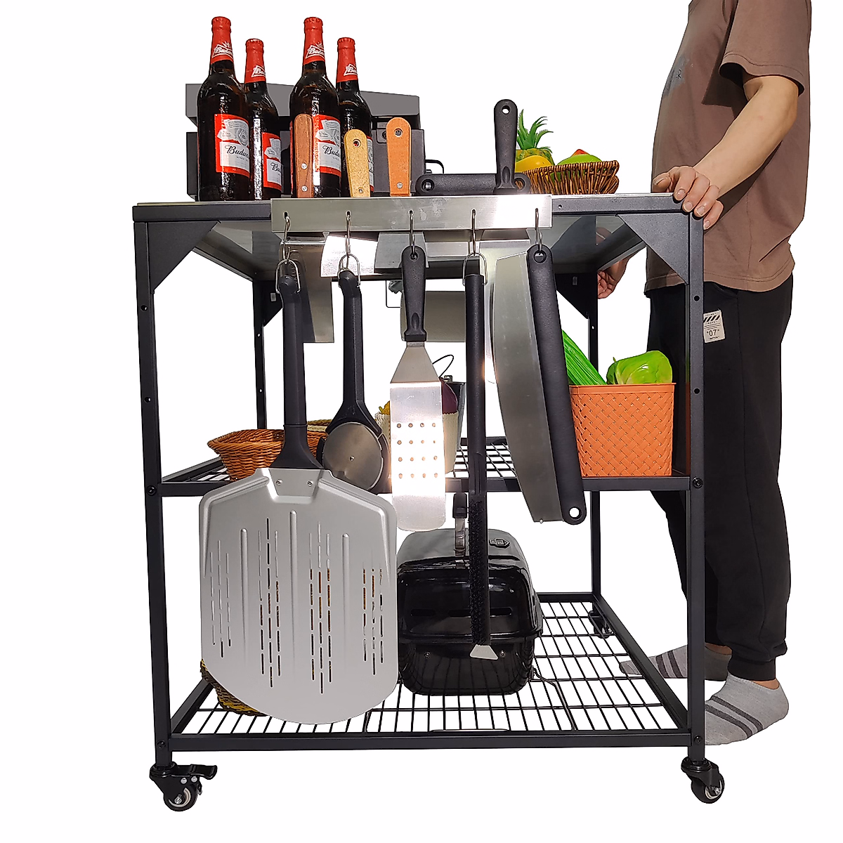 JIN BETTER GRILL PARTS Three-Tier Stainless Steel Pizza Oven Cart, Movable Work Table for Ooni, Blackstone, Cuisinart (31.5" D x 31.5" W x 35.4" H)