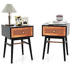 Giantex Rattan Nightstand Set of 2, Boho End Side Table with Rattan Decorated Storage Drawer & Solid Wood Legs, Mid-Century Modern Bedside Table for Bedroom Small Space, Easy Assembly, Black