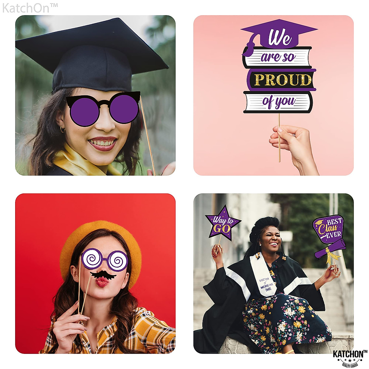 KatchOn, Graduation Photo Booth Props 2024 - Glitter, Pack of 30 | Black and Purple Graduation Photo Props | Graduation Props for Photoshoot 2024, Black and Purple Graduation Decorations Class of 2024