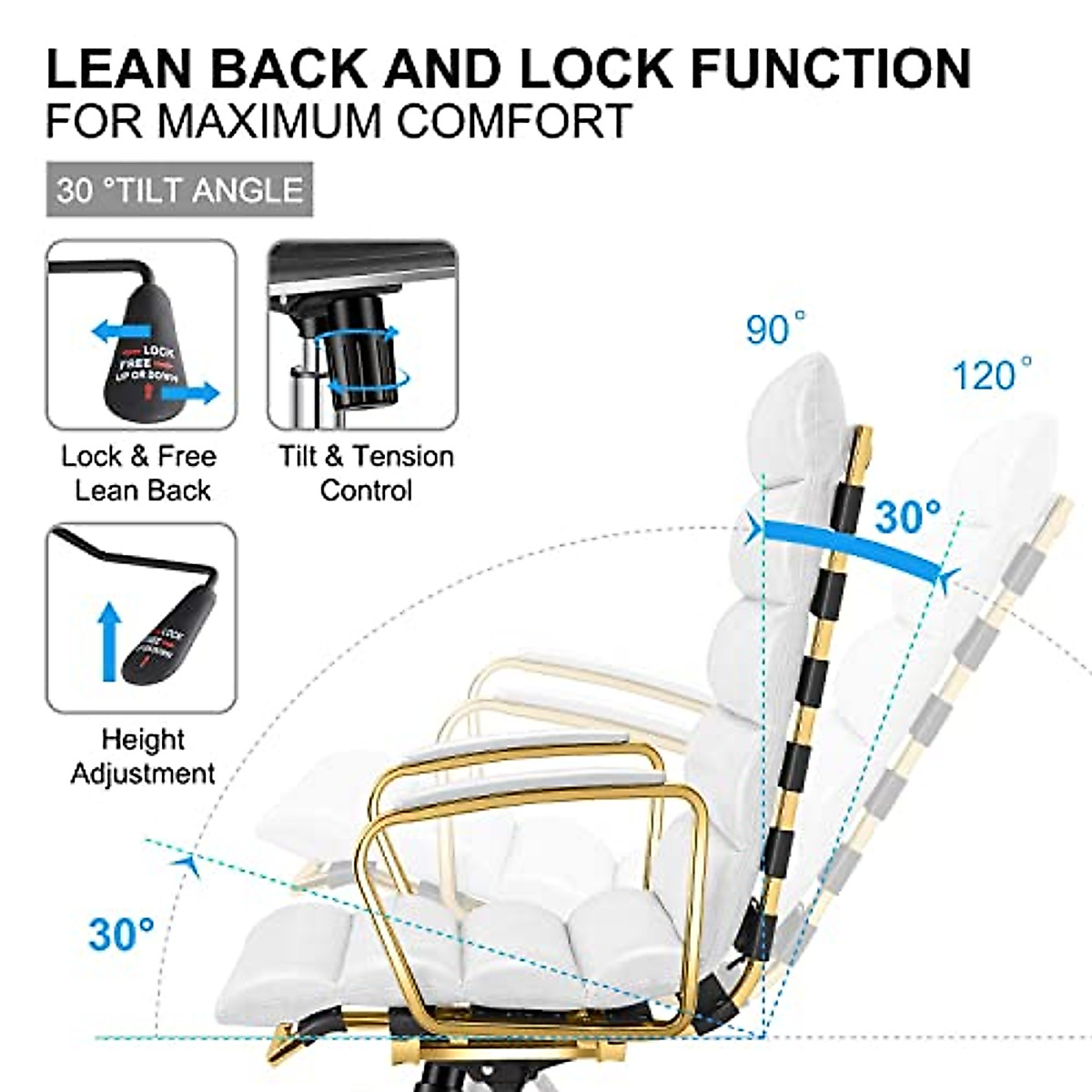 LUXMOD Deluxe Gold Office Chair, High Back Desk Chair for Extra Back and Lumbar Support, White Executive Chair, Ribbed Office Chair with Leather, Ergonomic White and Gold Leather Desk Chair