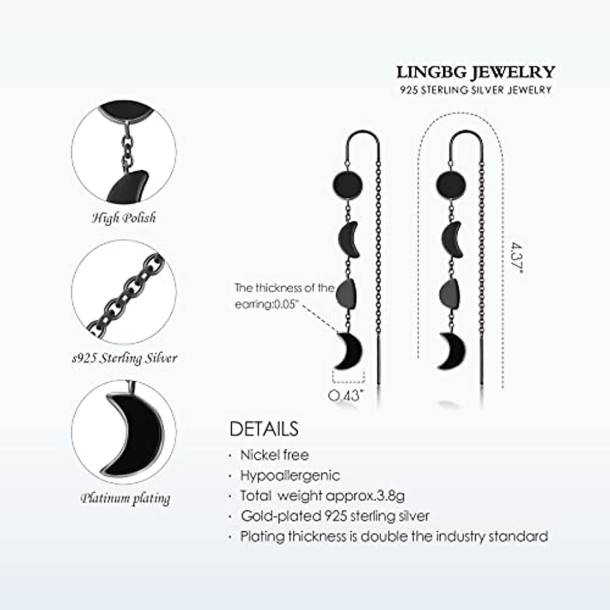 Moon Phase Earrings 925 Sterling Silver Black Threader Earrings for Women Chain Earrings Threader Dangle Drop Earrings Lightweight Earrings Jewelry Gift