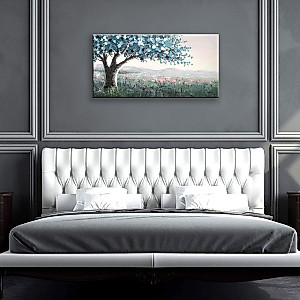 GUMEYJIA Blue Tree Wall Art Hand-Painted Tree Oil Painting on Canvas Gallery Wrapped Large Framed Big Tree landscape Artwork Suitable for Living Room Bedroom Office Decor 20x40 Inch X1 Piece