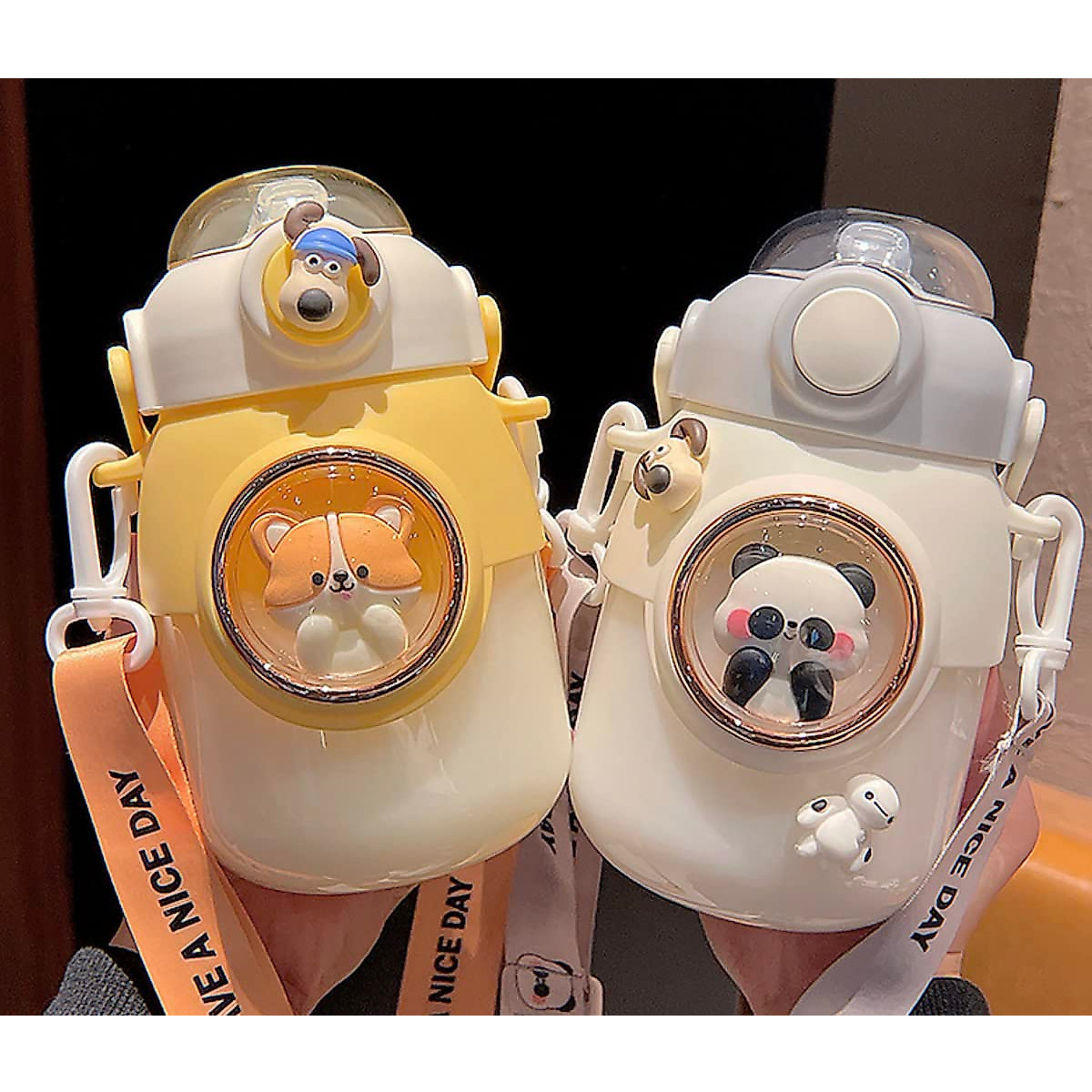 JHTPSLR Large Kawaii Capsule Water Bottle with Straw and Strap 28oz Cute Panda Figurines Water Bottle for Kids Teen Girls School Sports Portable Water Bottle with Handle Leakproof Lid (White Panda)