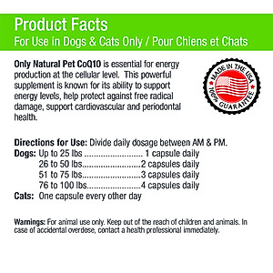 Only Natural Pet CoQ10 for Dogs & Cats, Heart and Cardiovascular Health Support, Coenzyme Q10 Ubiquinone - 90 Capsules