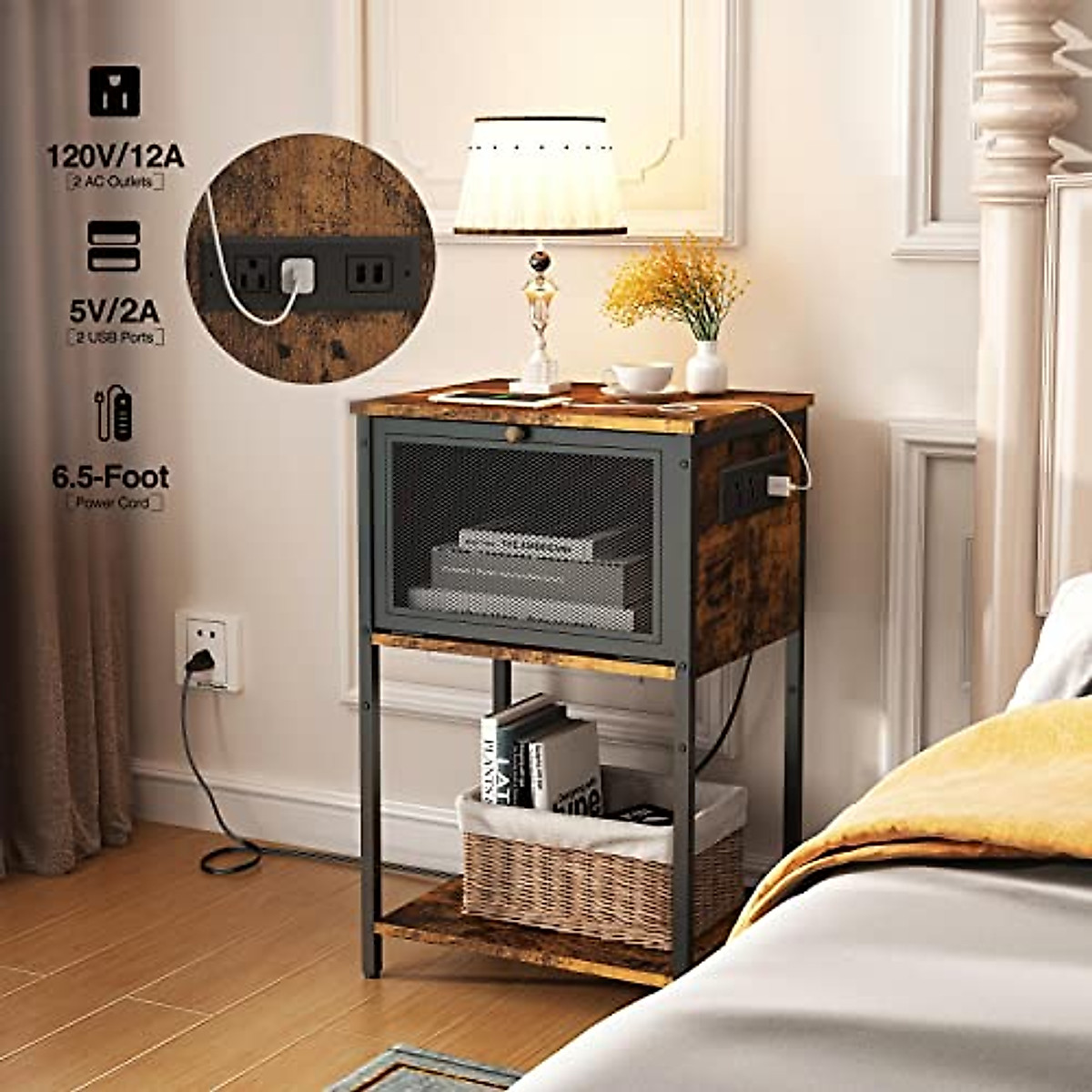 NONGSHIM Nightstand with Charging Station and USB Ports, Night Stand with Flip Drawer and Open Storage Shelf,Bedside Table for Small Spaces,Side End Table for Bedroom,Living Room-Rustic Brown