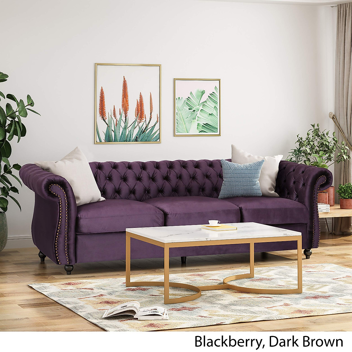 Great Deal Furniture GDFStudio Tufted Jewel Toned Velvet Sofa with Scroll Arms, BlackBerry