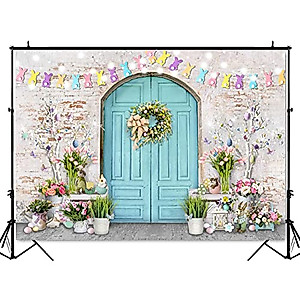 Mocsicka Easter Backdrop Blue Wooden Doors Brick Wall Bunny Rabbit Spring Photography Backdrops Easter Day Party Decorations Easter Photo Background Photo Studio Props (7x5ft (82x60 inch))