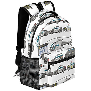 TropicalLife Police Car Larger Student Backpack, Policeman Motorbike Waterproof School Bag For Teen Girls Boys