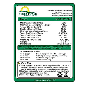 SUNER POWER 12V Waterproof Solar Battery Trickle Charger & Maintainer - 20 Watts Solar Panel Built-in Intelligent MPPT Solar Charge Controller + Upgraded Z-Brackets + SAE Connection Cable Kits