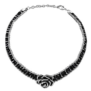 Lavencious Black Beaded Choker Necklace and Bracelet Set with Black Enamel Crystal Rose Pendant Lobster Clasp (Black)