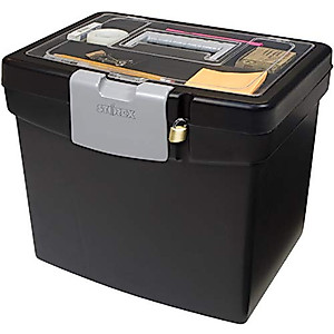 Storex Portable File Storage Box with Translucent Organizer Storage Lid- Plastic Office File Storage Box for Letter Paper and Hanging Folders, Black, Model Number: 61504A01C