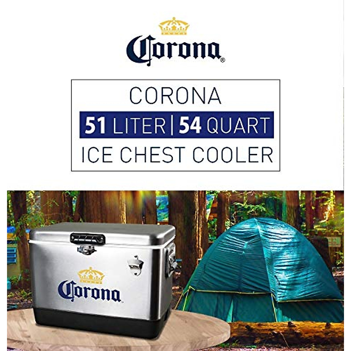 Corona Ice Chest Beverage Cooler with Bottle Opener, 51L (54 qt), 85 Can stainless steel Portable Cooler, Silver and Black, for Camping, Beach, RV, BBQs, Tailgating, Fishing