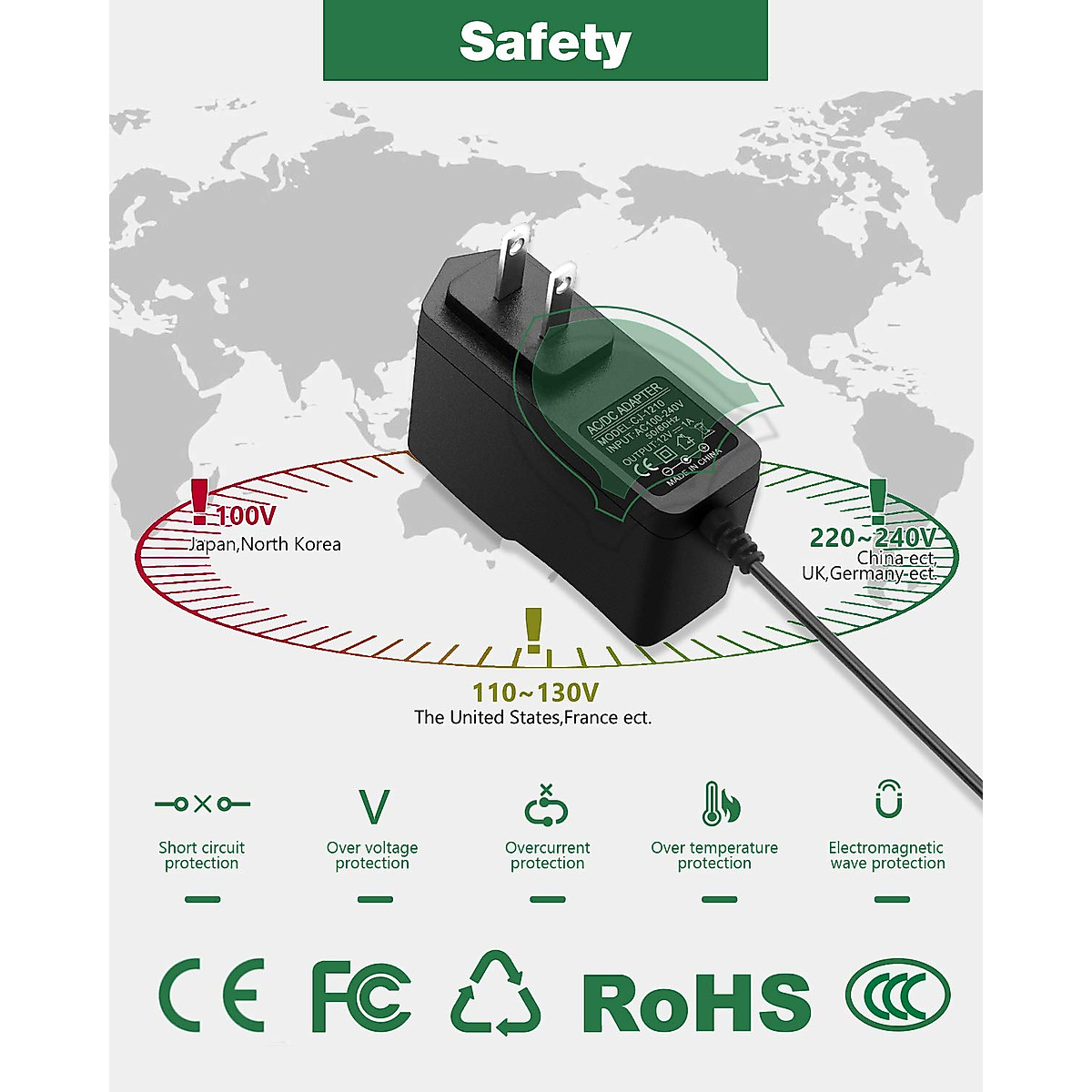 JOVNO 12V 1A Power Supply, 100-240V AC to DC 12volt 1amp 12W Adapter 700mA 500mA 400mA Power Cord with 5.5x2.5mm Tip for LED Light Strips, Security Camera System, CCTV, Routers, Speakers