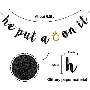 He Put A Ring On It Banner, Black Glitter Engagement Party Decoration Sign for Wedding, Bachelorette, Bridal Showers Party Supplies