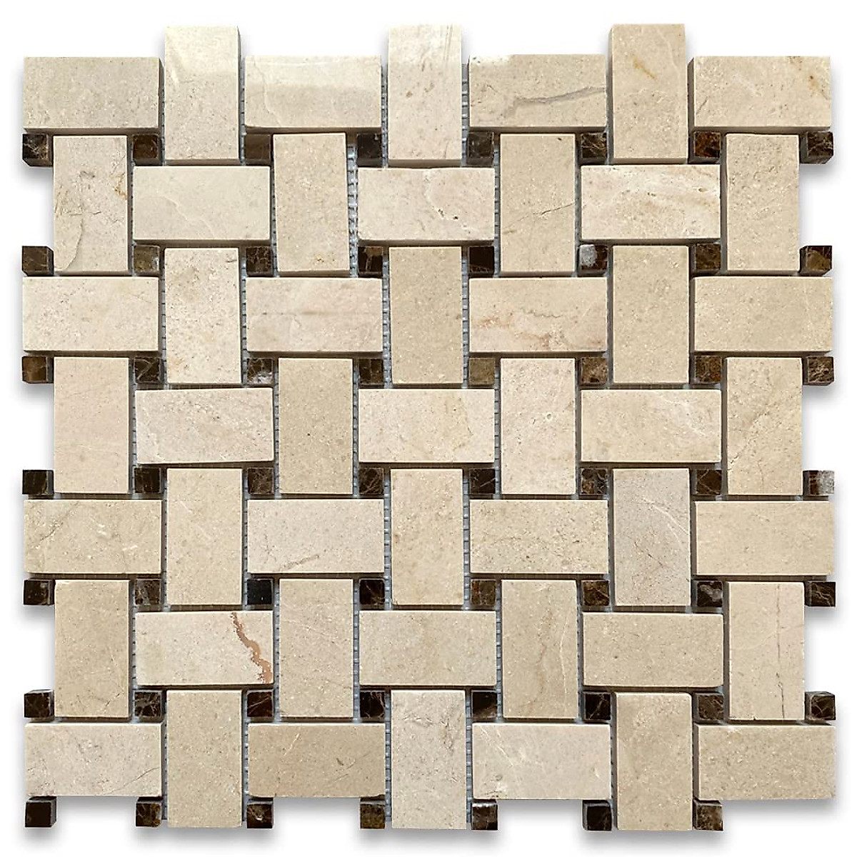 Stone Center Online Crema Marfil Marble 1x2 Basketweave Mosaic Tile w/Emperador Dark Brown Dots Polished Kitchen Bath Wall Floor Backsplash Shower (1 Sheet)