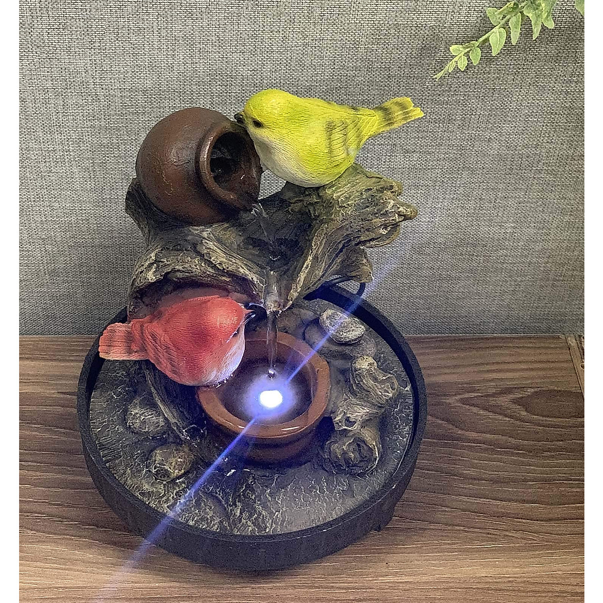 Ferrisland Tabletop Fountain Birds Waterfall Desktop Electric Water Fountain Decor w/LED - Indoor Outdoor Portable Tabletop Decorative Zen Meditation Waterfall Kit Includes Submersible Pump