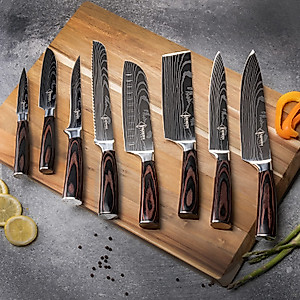 SENKEN 16-Piece Acacia Wood Knife Block Set with Laser Damascus Pattern - Includes Steak Knives, Kitchen Shears, Chef's Knife, Santoku, Cleaver & More