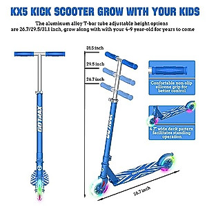 Gotrax KX5 Kick Scooter, 3 Adjustable Heights and 5" Flashing Wheels Kids Scooter, Lightweight Aluminum Alloy Scooter for Kids Boys Girls Age of 4-9 , Blue