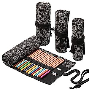 Funny live 36/48/72 Slots Colored Pencil Wrap Pencils Roll Holder Coloring Pencils Organizer Holder Colored Pen Paint Brush Storage Pouch Portable for Artist Student (Black leaf, 72 Slots)