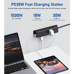 30W USB C Power Strip Surge Protector,Ultra Thin Flat Plug Power Strip 4 Side 12 Outlets,1 PD Fast Charing,2 USB-C, 2 USB-A(4 USB Total 40W),6ft Slim Extension Cord,16 in 1 Desk Power Bar,1200J Black