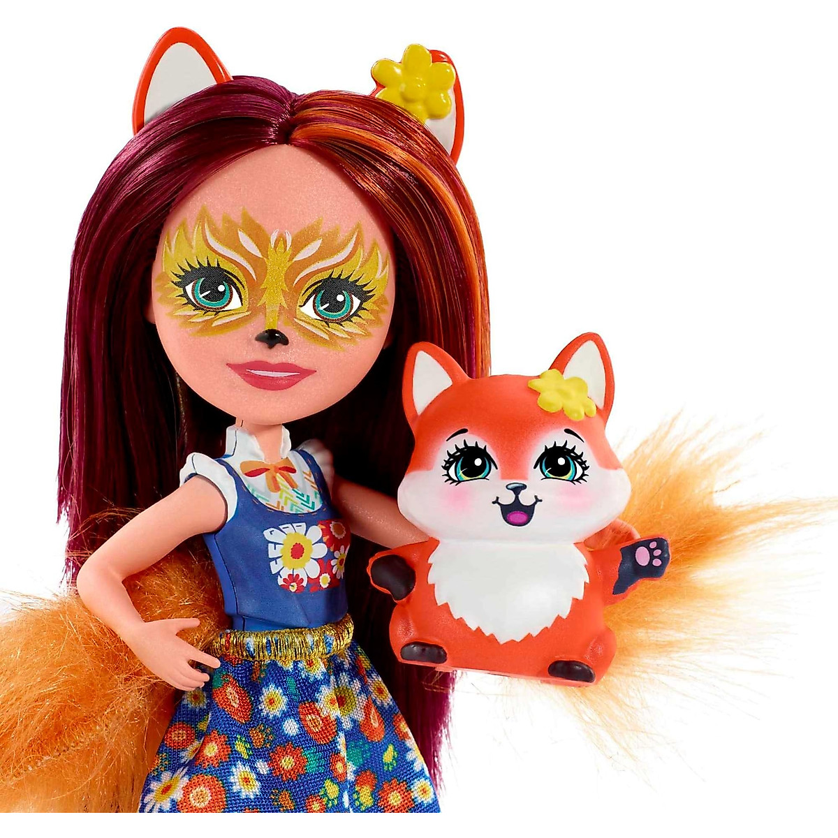 Mattel Enchantimals Felicity Fox Doll & Flick Figure, 6-inch small doll, with long brown hair, animal ears and furry tail, removable skirt and shoes, Gift for 3 to 8 Year Olds​​​​​​​