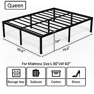 EMODA Queen Bed Frame No Box Spring Needed 18 Inch Heavy Duty Metal Tall Platform Bed Frame Queen Size with Large Storage Space, Easy Assembly, Black