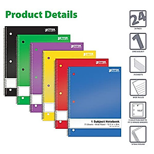 Better Office Products Spiral Notebooks 1-Subject, 24 Pack, Wide Rule, 70 Sheet, 8 x 10.5 inches, 6 Assorted Primary Colors, 24 Pack