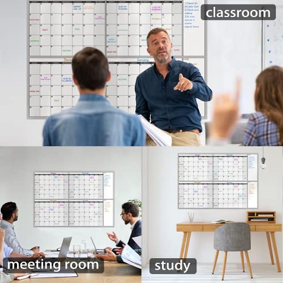 Large Wall Calendar Undated - Dry Erase Calendar for Wall，35.8 '' X 31.8 '' - Four Monthly Dry Erase Reusable Wall Planner - Includes 8 Sticker Dots and 5 Whiteboard Markers