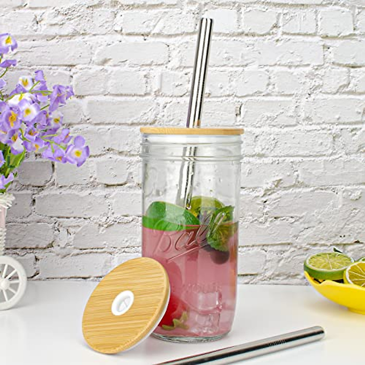 Tronco Bamboo Lids with Stainless Steel Straws, 2 Reusable Lids for Wide Mouth Tumblers, Includes 2 Straws and 1 Straw Brush