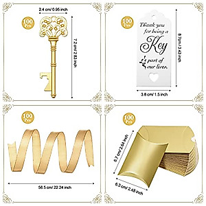 100 Sets Vintage Key Bottle Opener Wedding Favors, Wedding Party Souvenir Gift for Guests with Thank You Tag Card Pillow Candy Box and Satin Ribbon (Gold)