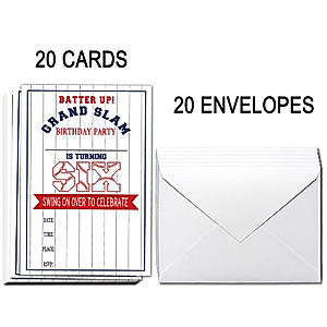 ukebobo 6th Birthday Party Invitations with Envelopes – Batter Up Baseball Party Invitations, Baseball Party Decorations– 20 Cards With Envelopes（bq-06）