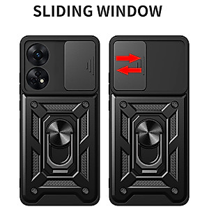 CCSmall for Oppo Reno8 T 4G (Not 5G) Case with Slide Camera Cover, Military Grade Drop Protective Phone Cover Case with Ring Kickstand for Oppo Reno 8T 4G SJ Black