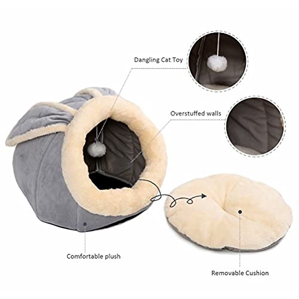 Beds for Indoor Cats/ Small Dog with Anti-Slip Bottom, Rabbit-Shaped Cat Cave with Hanging Toy, Puppy Bed with Removable Cotton Pad, Super Soft Calming Pet Sofa Bed (Grey Large)