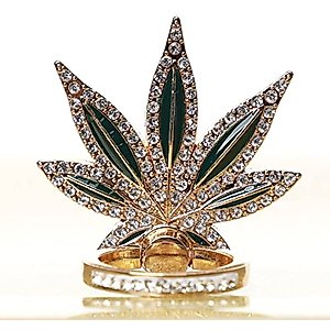 Cell Phone Ring Grip 360 Degree Rotation, Sparkly Crystal Stones Happy Leaf Design, Compatible with iPhone and Android Phone,Gold/Green,6008A-30