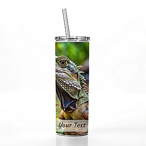 Personalized Custom Name Text Water Dragon Lizard Reptile Skinny Tumbler 20oz with Straw Insulated Water Bottle Gift - 1 Line Horizontal