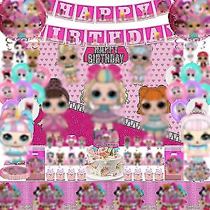 Pink Dolls Birthday Supplies Party Decorations, Pink Girls Theme Birthday Kit Include Banner, Tablecloth, Balloons, Plates, Stickers, Foil Balloons, Gift Bag, Hanging Swirls, Backdrop, Cake & Cupcake Toppers, Cartoon Birthday Gift for Kids