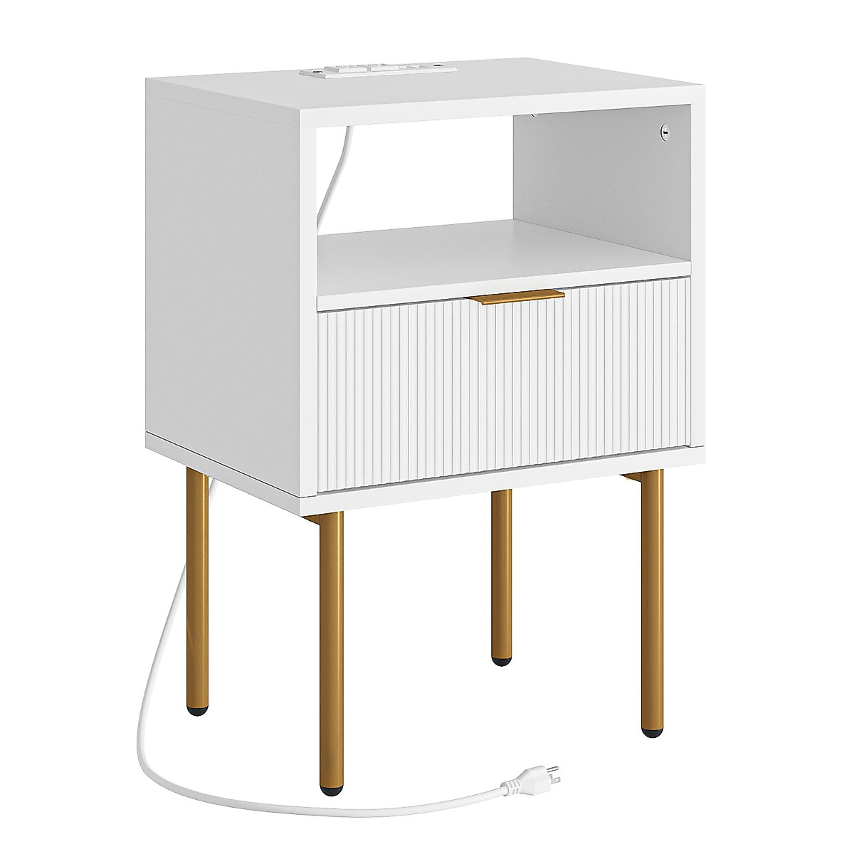 AEPOALUA Nightstand with Charging Station,Small Bedside Table with Gold Frame,White Night Stand,Bedside Furniture,Side Table with Drawer and Shelf for Bedroom,Living Room,Stripe