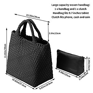 Woven bag for women,Fashion woven tote bag for women,Large vegan soft leather beach travel bag & purse,handmade shoulder bag (Black)